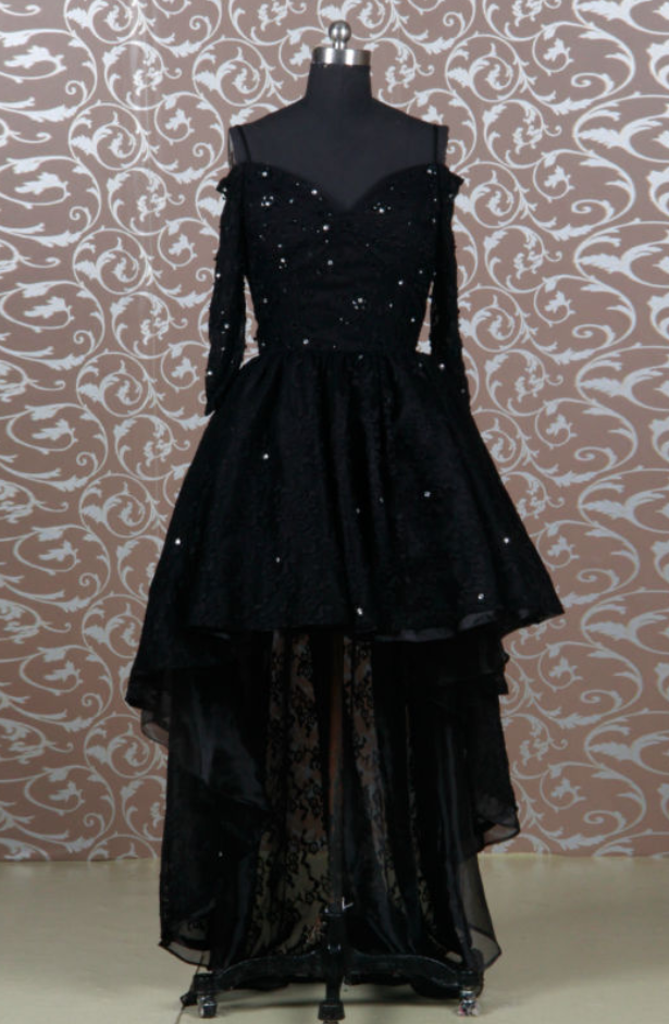 Off The Shoulder Long Sleeve Black Lace Front Short Back Long Prom ...