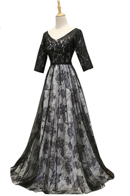 Elegant A-line Half Sleeves Black Formal Evening Dress Long Lace Dress ...