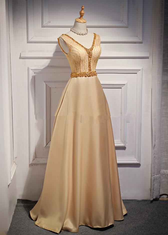 Sexy V-neck Golden Evening Dress Gowns Floor-length Long Formal Party ...
