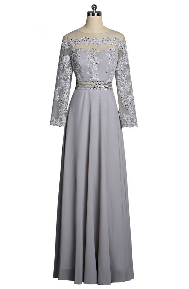Silver Evening Dresses A-line Long Sleeves Chiffon Lace Beaded See ...