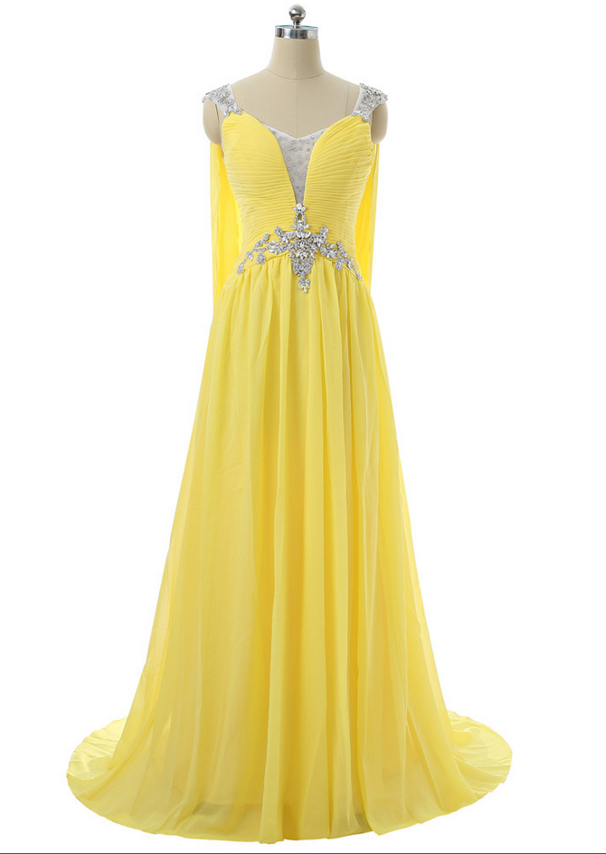 Yellow Evening Dresses A-line V-neck Cap Sleeves Chiffon Crystals Open ...