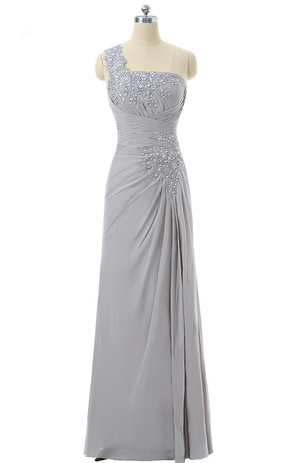 Silver Evening Dresses A-line One-shoulder Chiffon Appliques Beaded ...