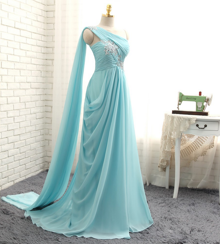 Turquoise Evening Dresses A-line One-shoulder Chiffon Beaded Crystals ...