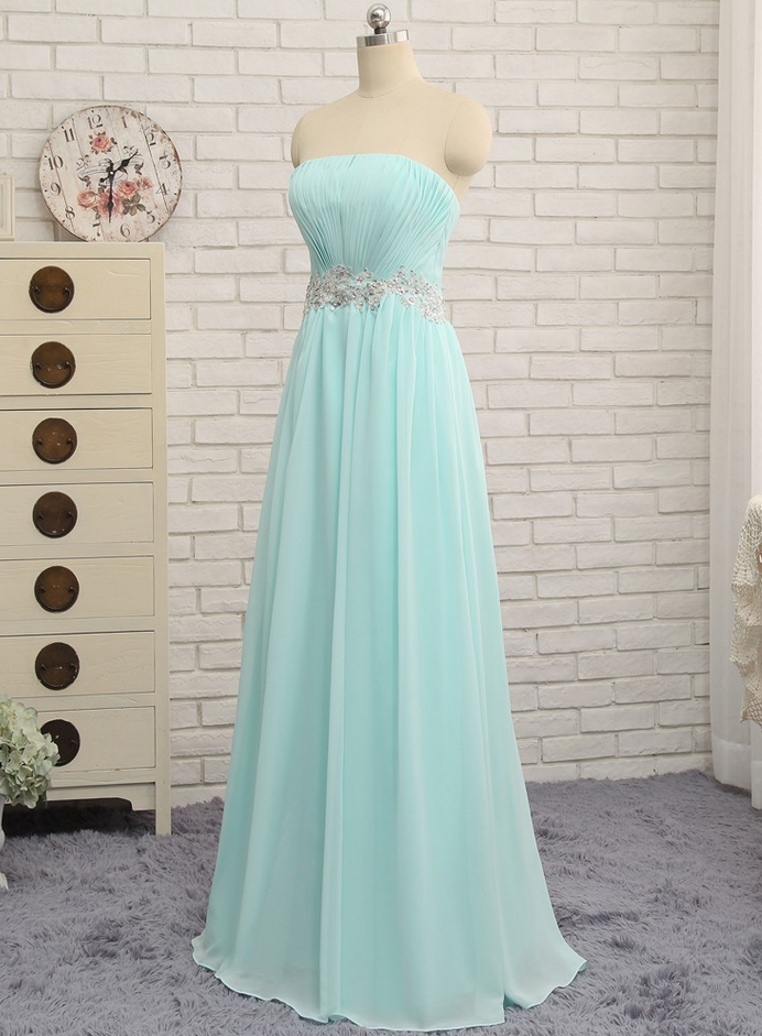Turquoise Evening Dresses A-line Strapless Chiffon Beaded Backless ...