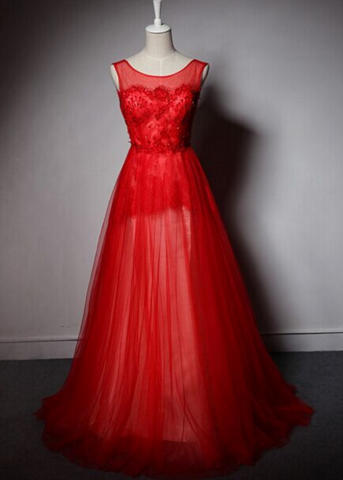 Custom Made Red Prom Dress, A-line Prom Dress,tulle Prom Dress, Scoop ...
