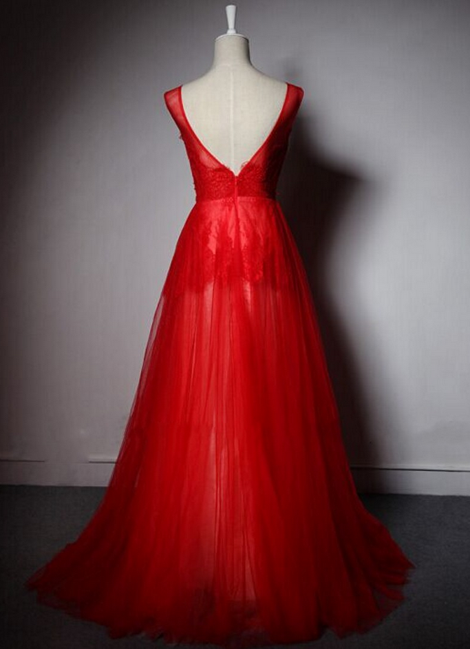Custom Made Red Prom Dress A Line Prom Dresstulle Prom Dress Scoop Prom Dress Beading