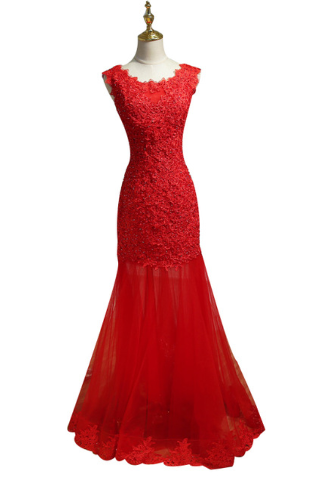 Married Long Evening Dress Red Lace Beading Sleeveless Sexy Slim ...