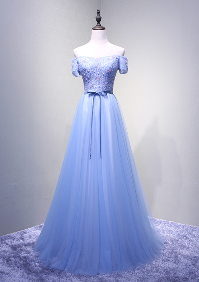 Luxury Light Blue Long Evening Dress Bride Boat Neck Floor-length Lace ...