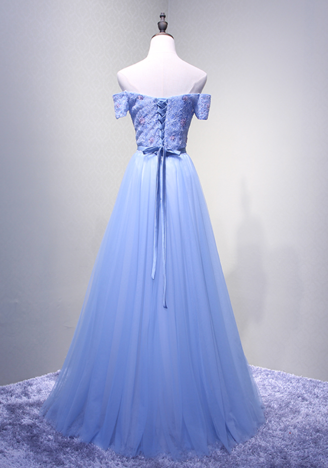 Luxury Light Blue Long Evening Dress Bride Boat Neck Floor-length Lace ...