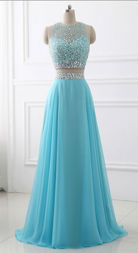 Blue Two Piece Chiffon Beaded Sparkle Long Prom Dress, Two Piece Junior ...