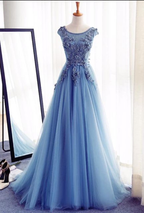 Bule A-line Prom Dress,flowers Prom Dresses,long Formal Dresses, Formal ...