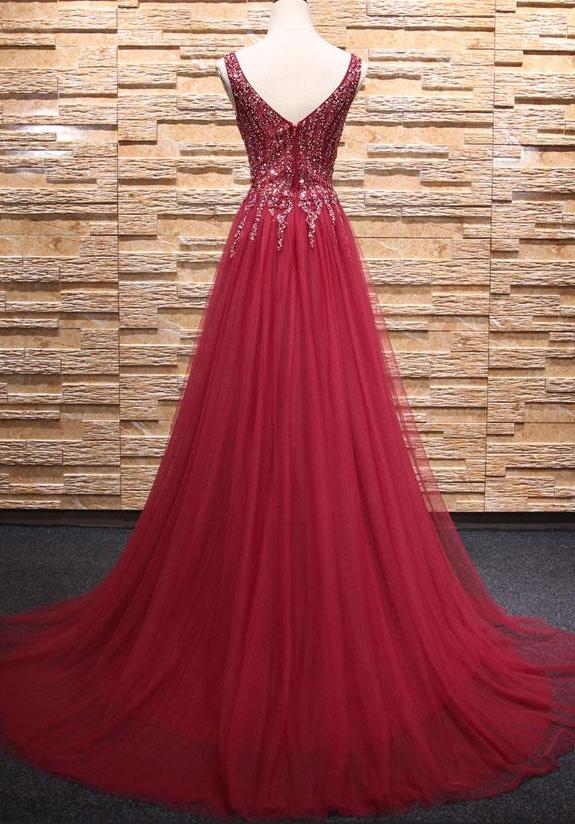 Burgundy Tulle Beaded Prom Dresses Sequins Long Evening Dress V Neck
