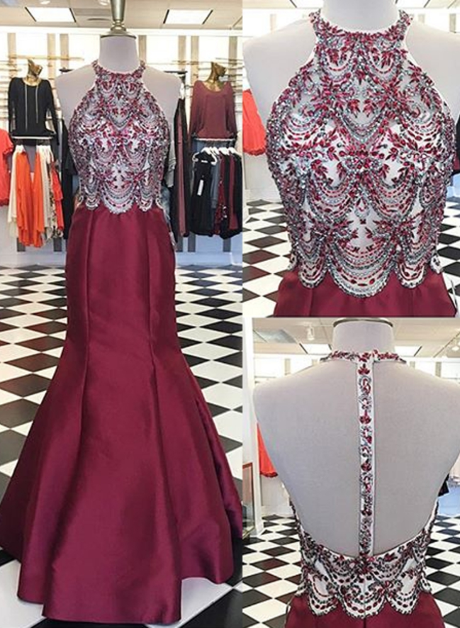 Round Neck Backless Appliques Prom Dress With Beading,fashion Prom ...