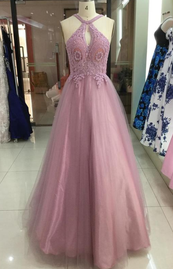 Dusty Rose Halter Lace Applique Tulle Prom Dresses Backless Long Prom ...