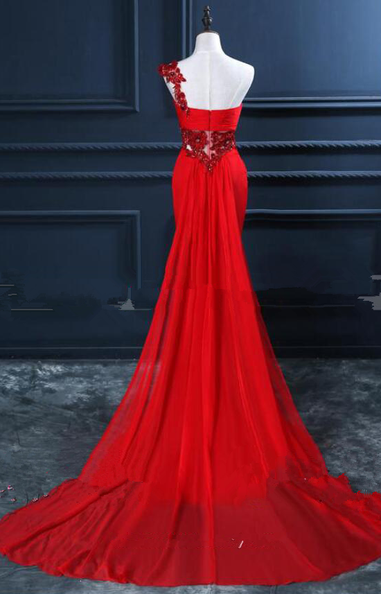 One Shoulder Prom Dress With Beaded Flowers, Unique Red Prom Gowns ...