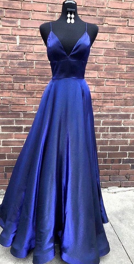 Prom Dress, Simple Elegant A Line V Neck Spaghetti Straps Navy Blue ...