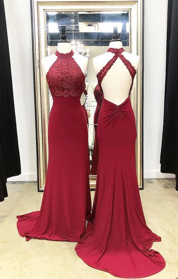 Deep Red Chiffon Lace Open Back Long Train Evening Dress, Prom Dress on ...