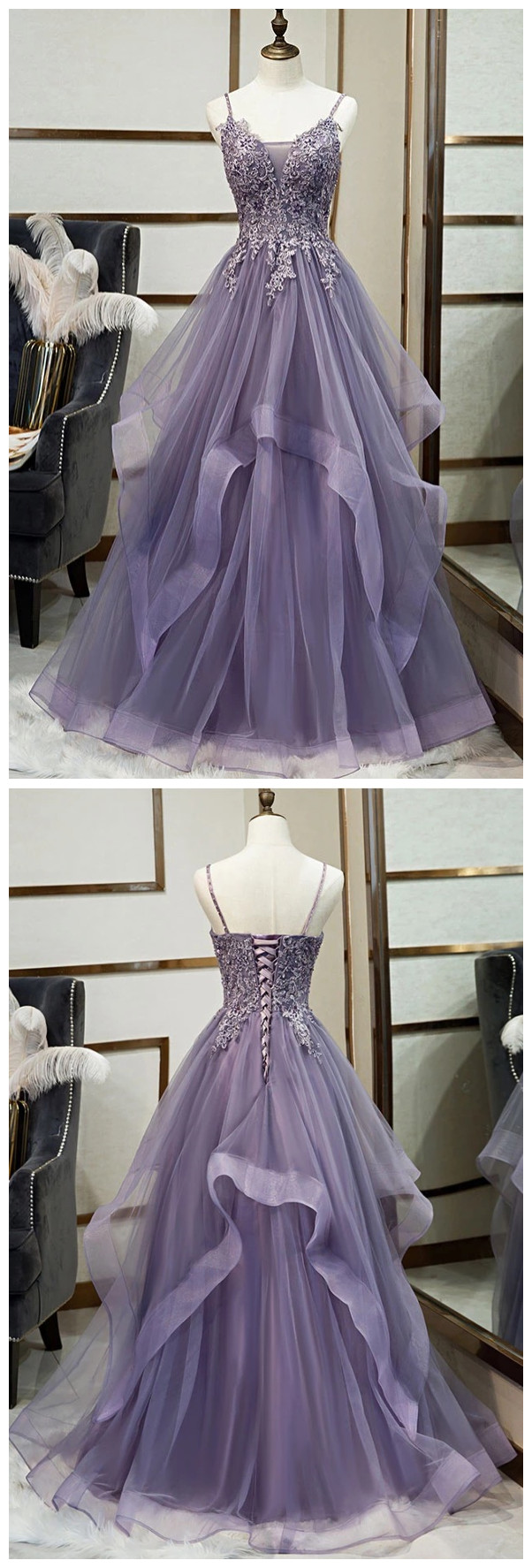 Unique Long Tulle Spaghetti Straps Layered Prom Dress With Applique on ...