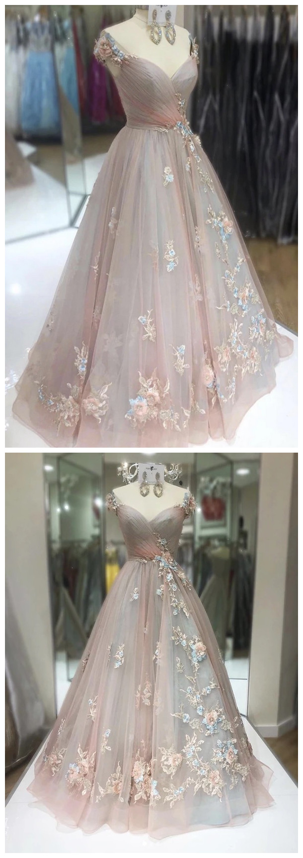 Unique Long Tulle A Line Prom Dress Formal Dress With Applique on Luulla