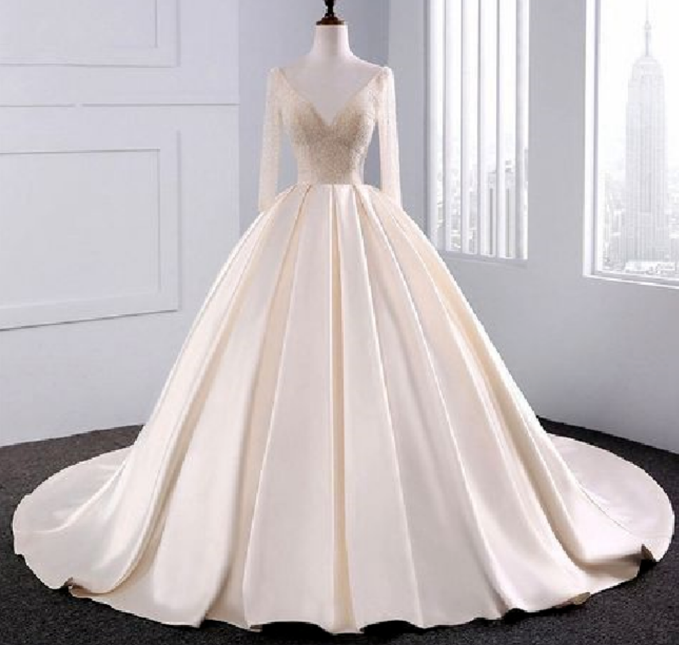 Fashion Simple Beige Wedding Dresses Full Sleeve Modest Lace Satin ...