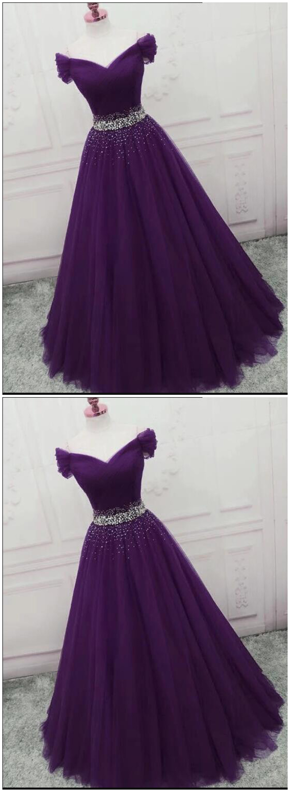 Purple Tulle Off Shoulder Beaded Waistline Formal Dress Long Graduation ...