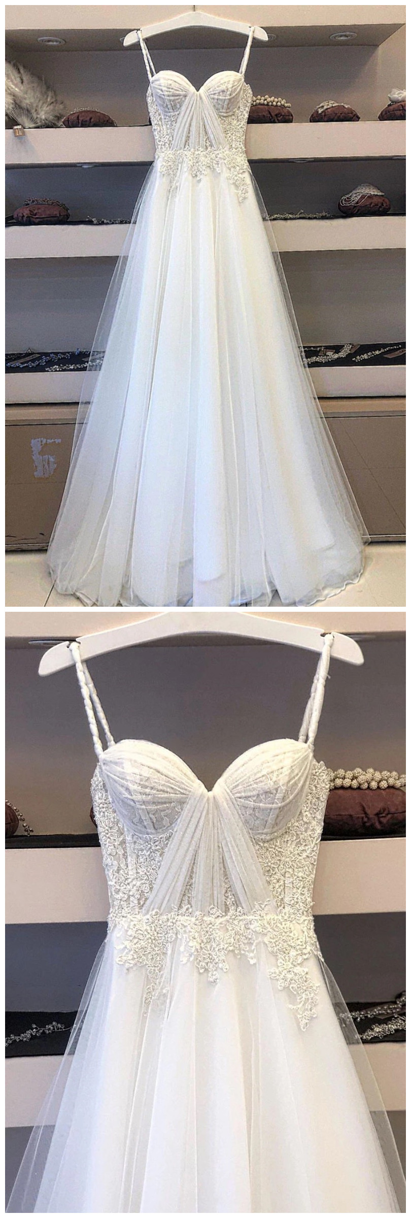 White Tulle Lace Spaghetti Straps Long Dress, Evening Dress on Luulla