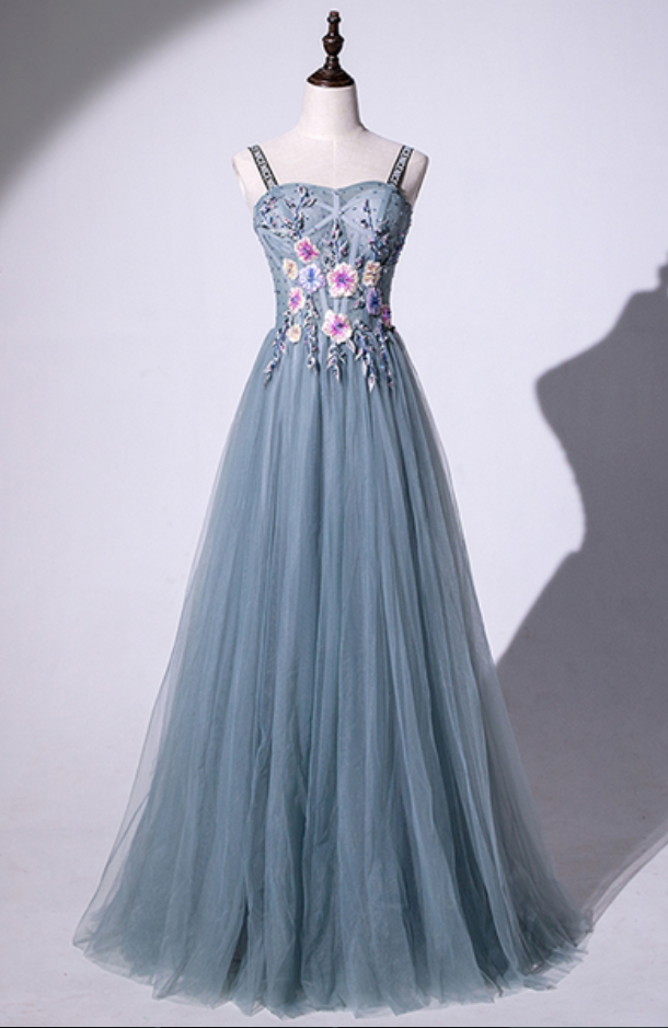 Blue Gray Tulle Sweetheart 3d Lace Applique Long Senior Prom Dress on ...