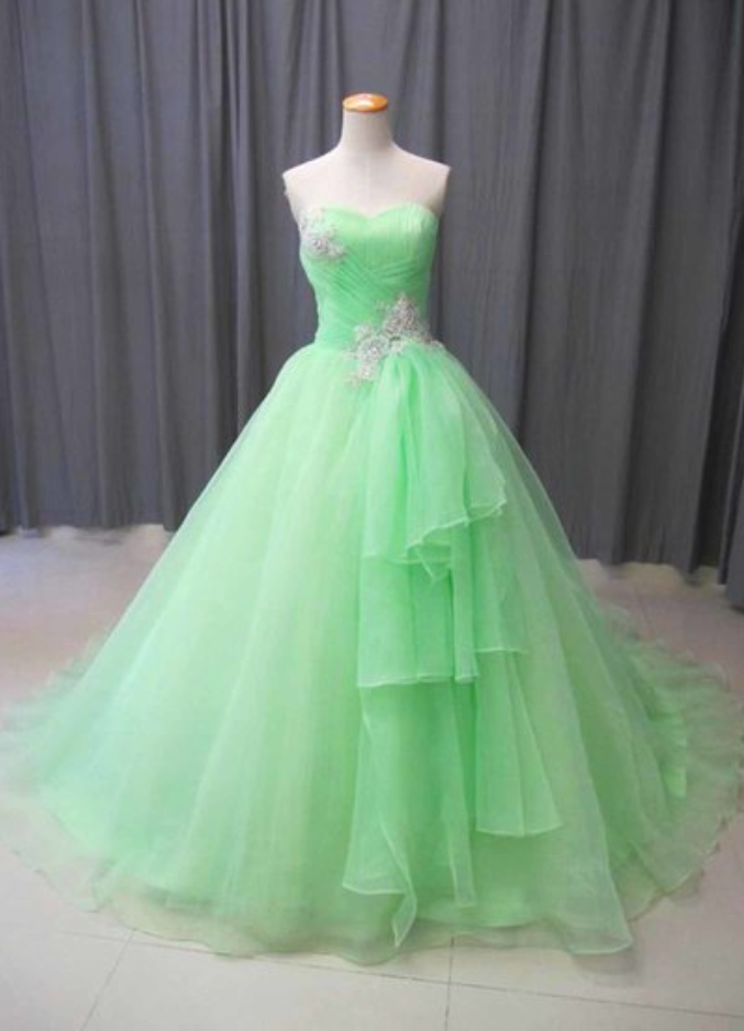 Apple Green Tulle Sweetheart Neck Long Ruffles Evening Dress, Beaded ...