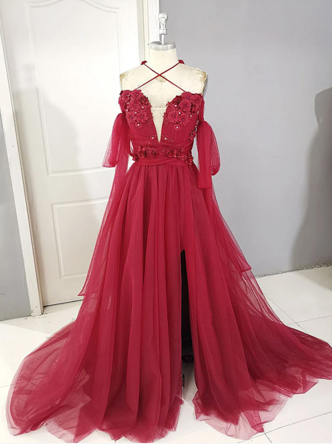Dark Red Tulle Lace Long Prom Dress, Red Tulle Lace Evening Dress on Luulla