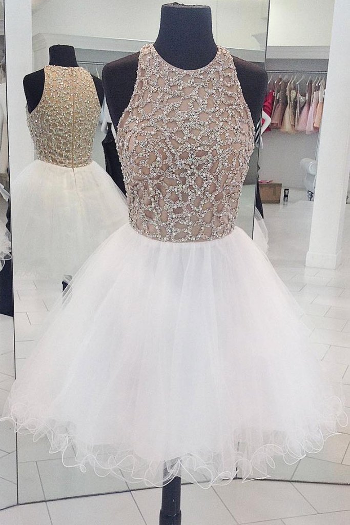 White Round Neck Tulle Sequin Short Prom Dress, White Homecoming Dress ...
