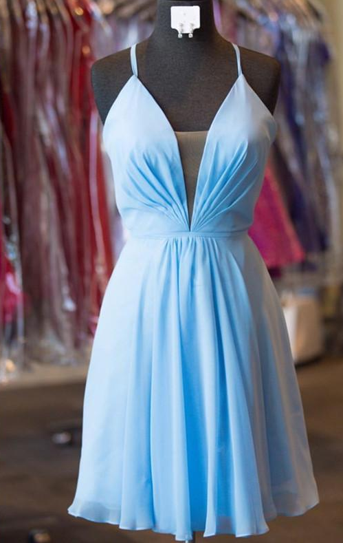 Cute V-neck Blue Chiffon Homecoming Dress,open Back Short Party Dress ...