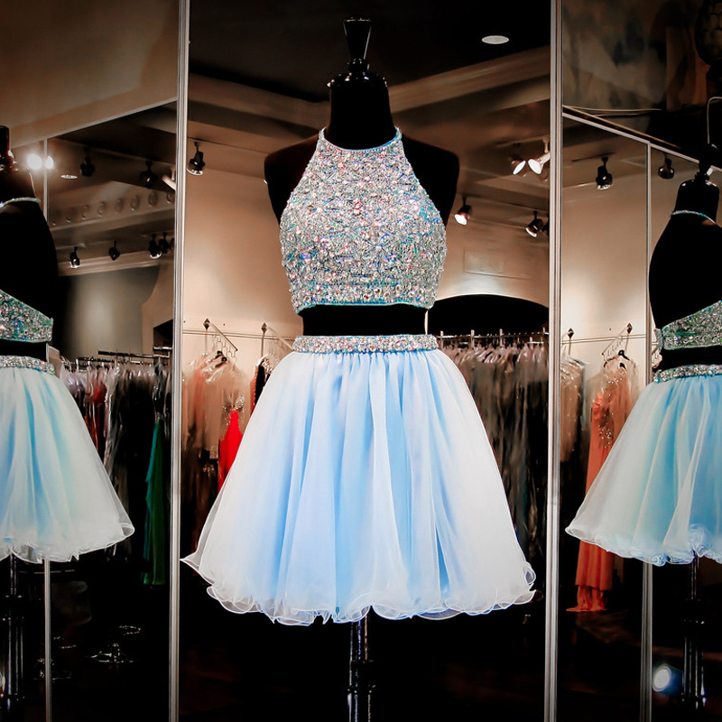 Jewel Neck Light Blue Open Back Short Prom Dress, Halter Two Piece ...