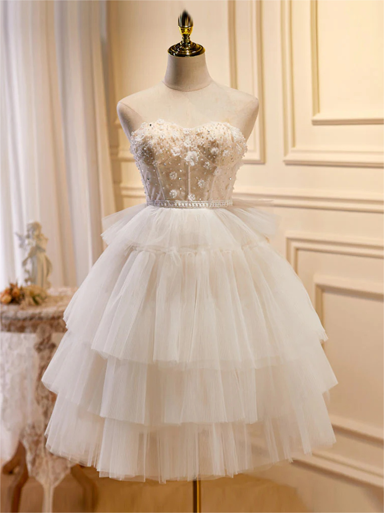Short Homecoming Dress, Beige Sweetheart Neck Tulle Puffy Short Prom ...