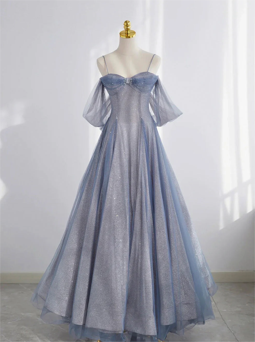 Prom Dress, Gray Blue Tulle Prom Dress, Blue A Line Formal Dresses on ...