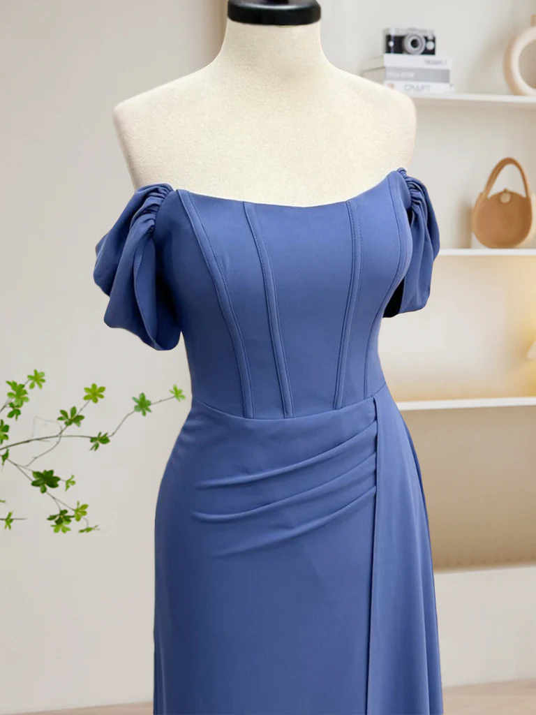 Prom Dress, Simple Off Shoulder Gray Blue Long Prom Dress, Gray Blue ...