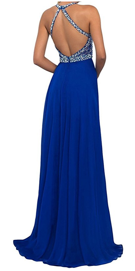 Gorgeous A Line Long Prom Dreses Sexy Open Back Beaded Evening Gowns ...